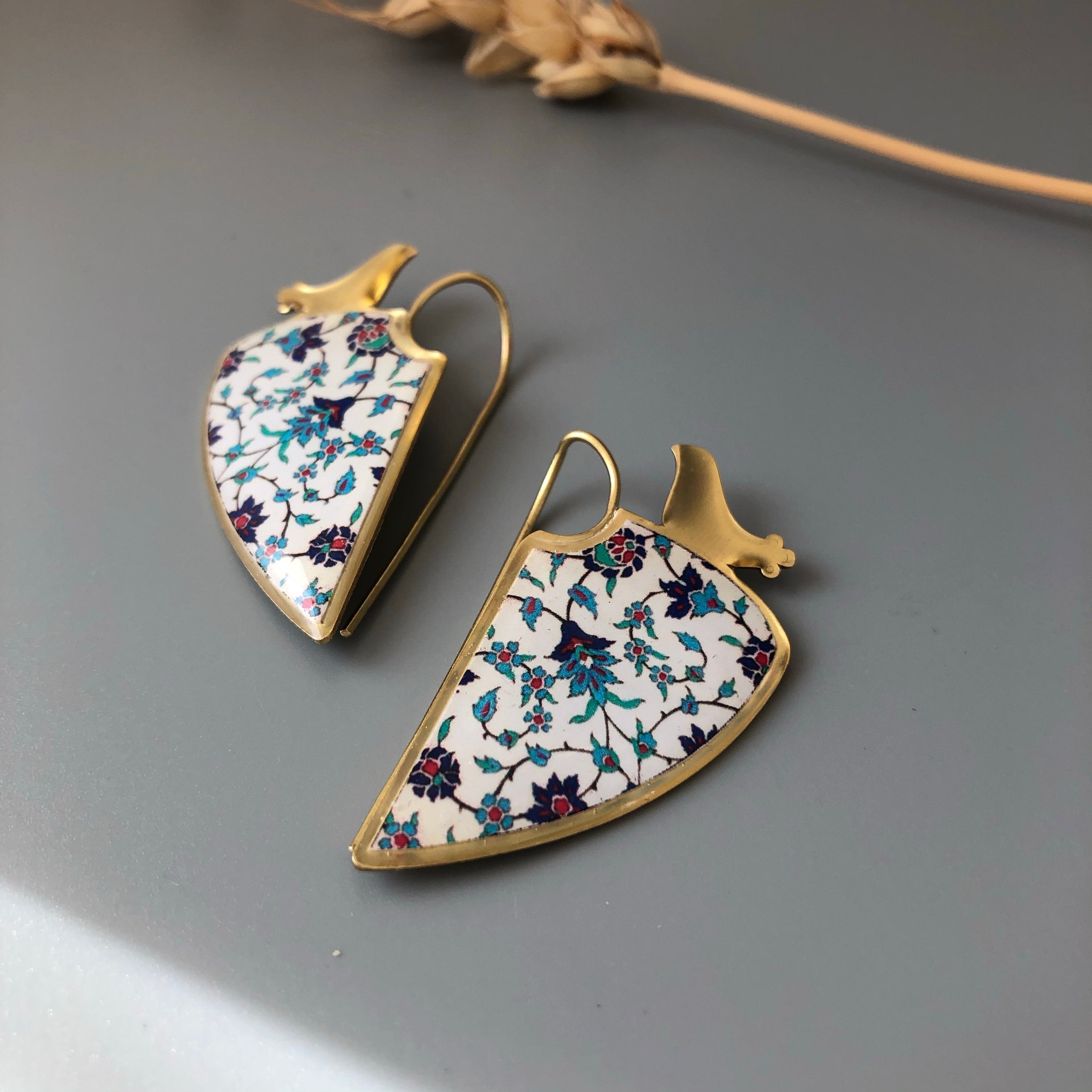 Brass Persian Earrings with Kashi Kari Pattern and Bird
